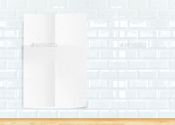 Poster hanging at tiles ceramic wall and wooden floor Stock Photo by ...