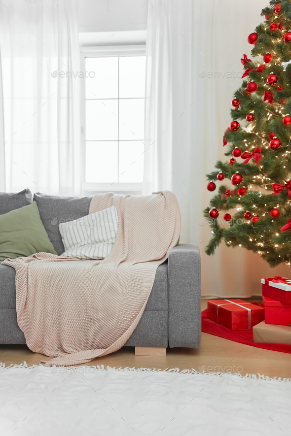 Christmas Home Interior. Stylish Living Room With Christmas Tree, Sofa ...
