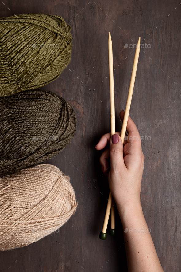 Craft hobby background with yarn in natural colors. Recomforting ...