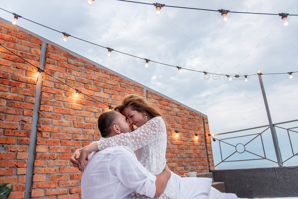 Loving couple millennials hug each other, touch forehead to forehead ...