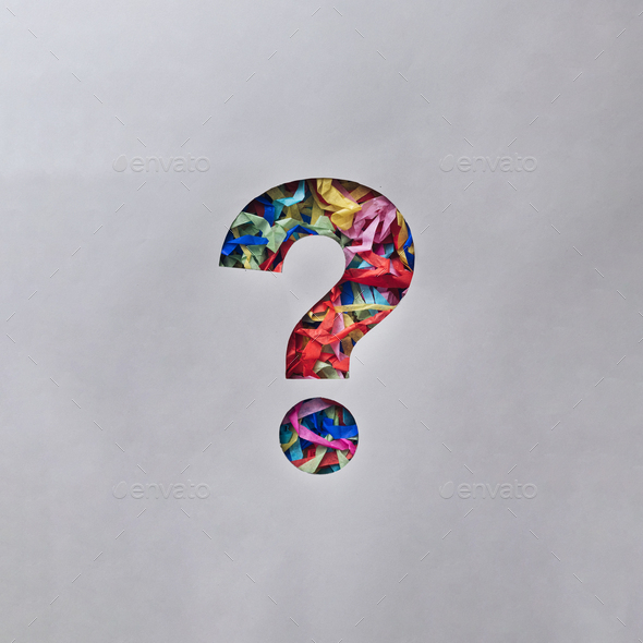 Cut out question mark in card with colorful party streamers Stock Photo ...