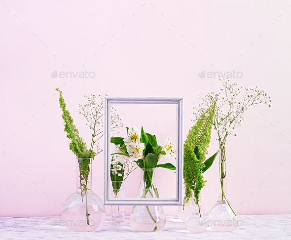 Flowers and plants in flask with frame. Beautiful spring background ...