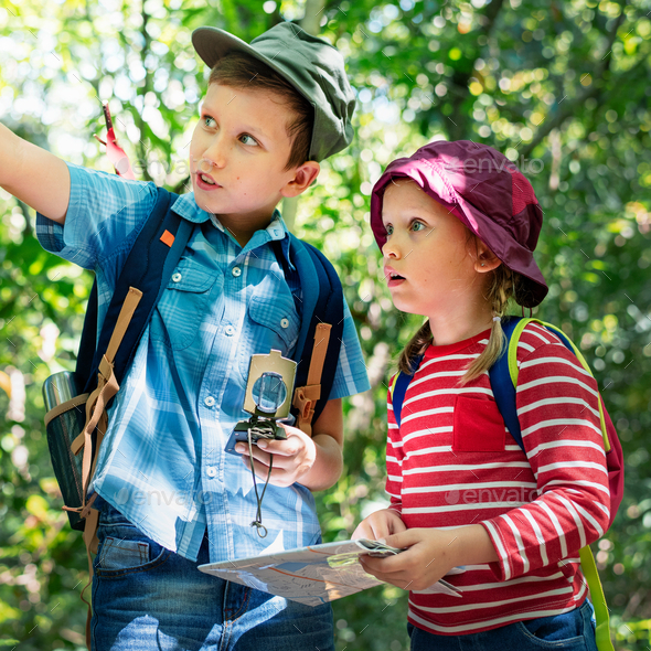 Two cute kids trekking in the forest Stock Photo by Rawpixel | PhotoDune