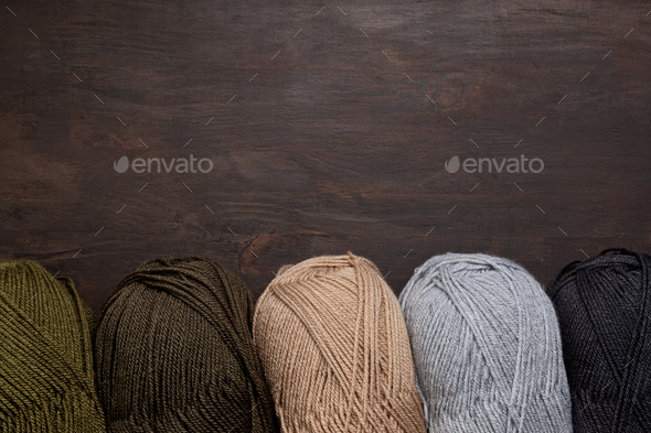 Craft hobby background with yarn in natural colors. Recomforting ...