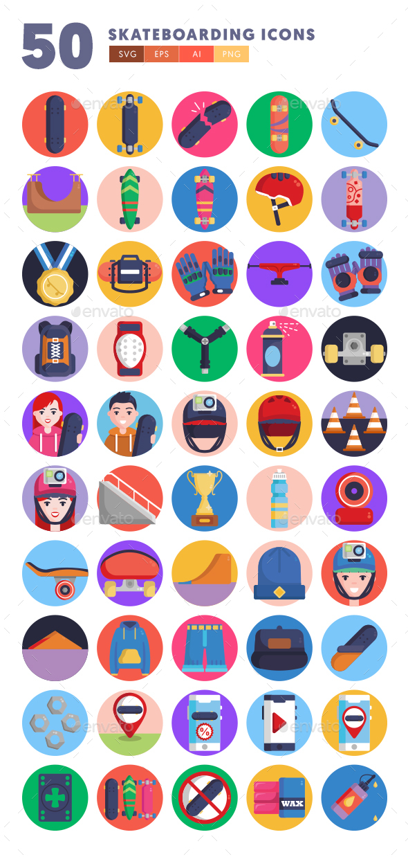 50 Skateboarding Icons, Icons | GraphicRiver