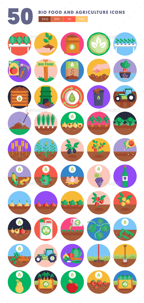 50 Bio Food and Agriculture Icons, Icons | GraphicRiver