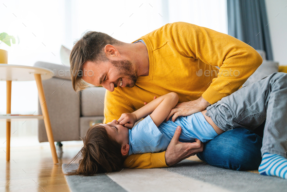 Family, childhood, single parent concept. Happy father and little son ...