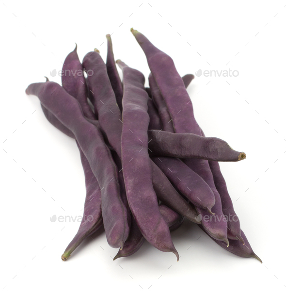 Pile of purple string beans isolated on white Stock Photo by emartsstudio