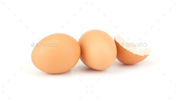 Chicken eggs and egg shell closeup isolated on white background Stock ...