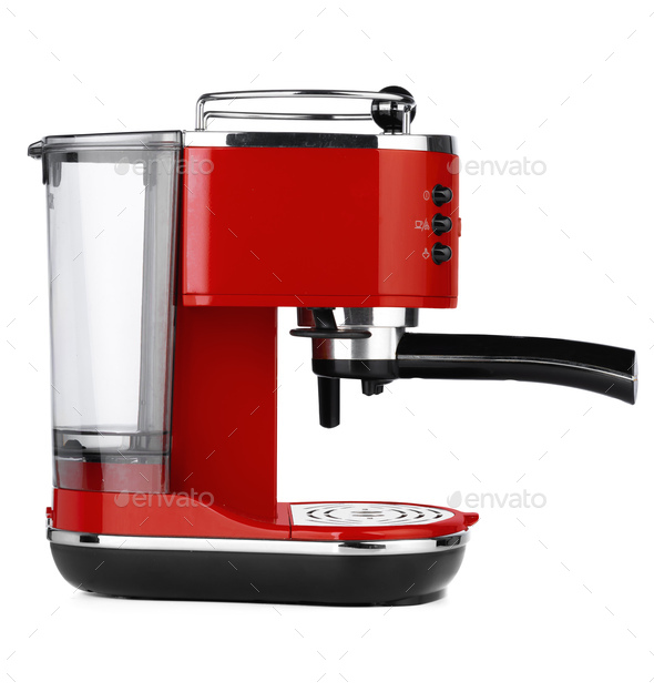 Stylish red coffee machine isolated on white background Stock Photo by ...