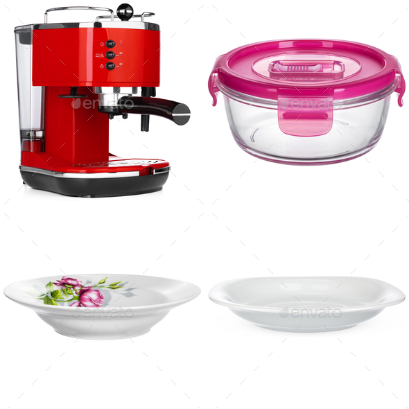 Collage of kitchen utensils isolated on white Stock Photo by FabrikaPhoto