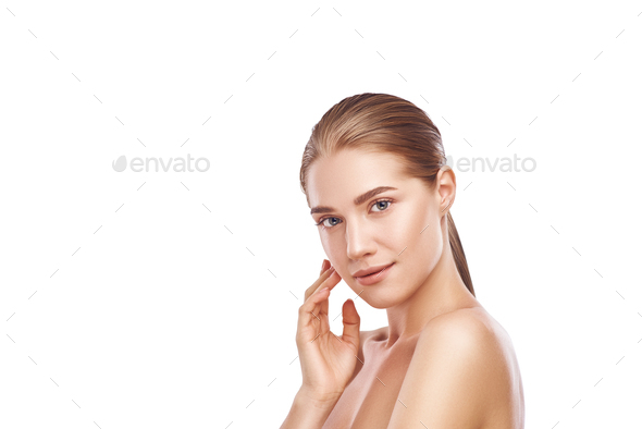Beautiful womans face left side close-up studio on white Stock Photo by ...