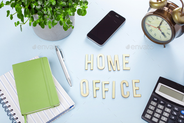home office text desk with smartphone notebook houseplants, working ...