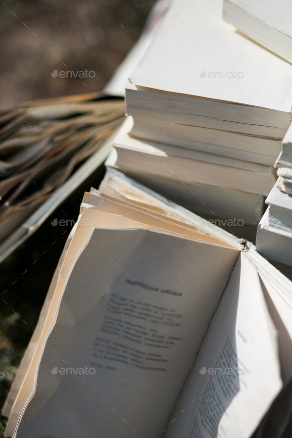 Vintage old books on blurred background, place for text Stock Photo by ...
