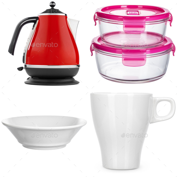 Collage of kitchen utensils isolated on white Stock Photo by FabrikaPhoto