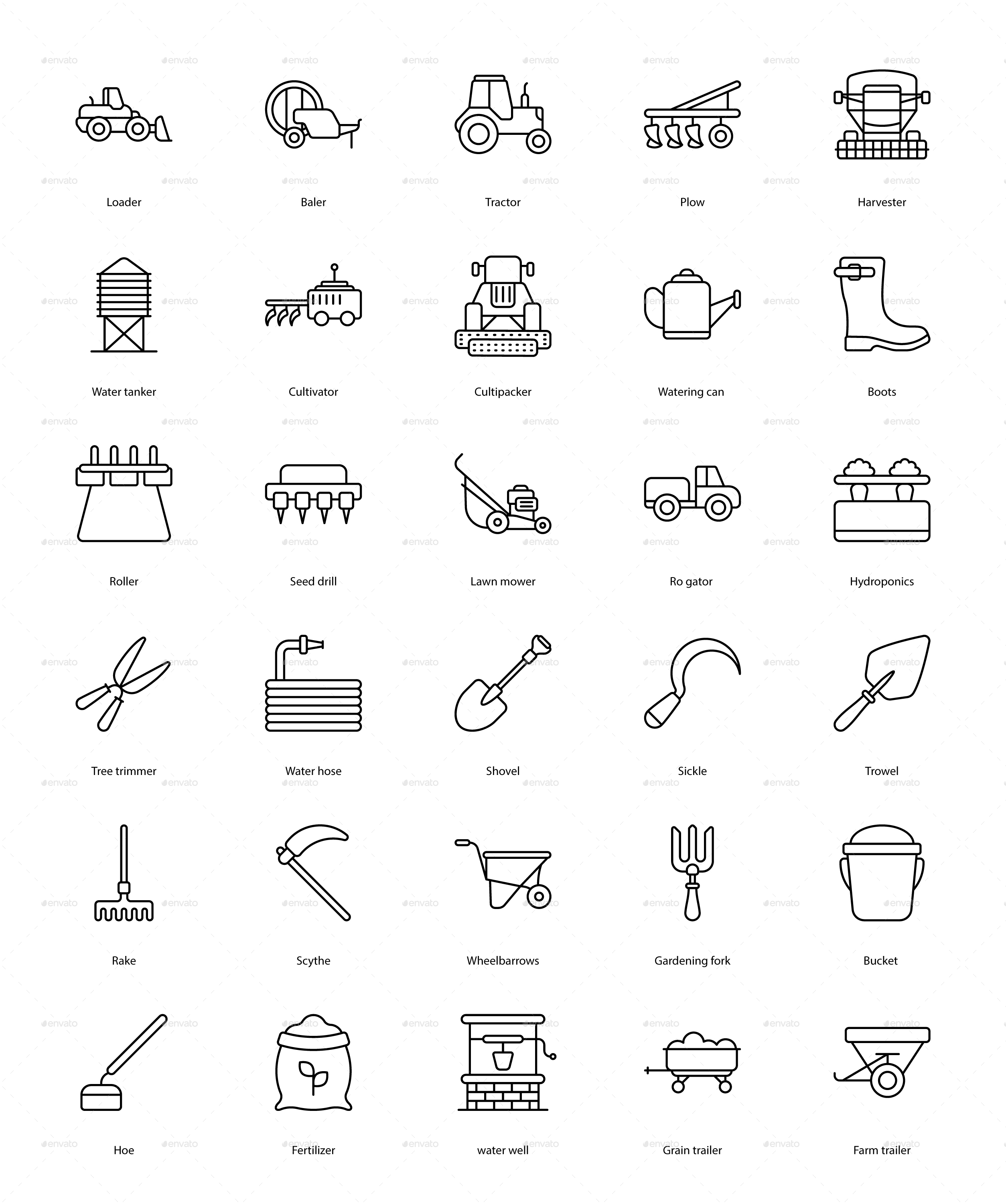 Agricultural Equipment Unique Icons, Icons | GraphicRiver