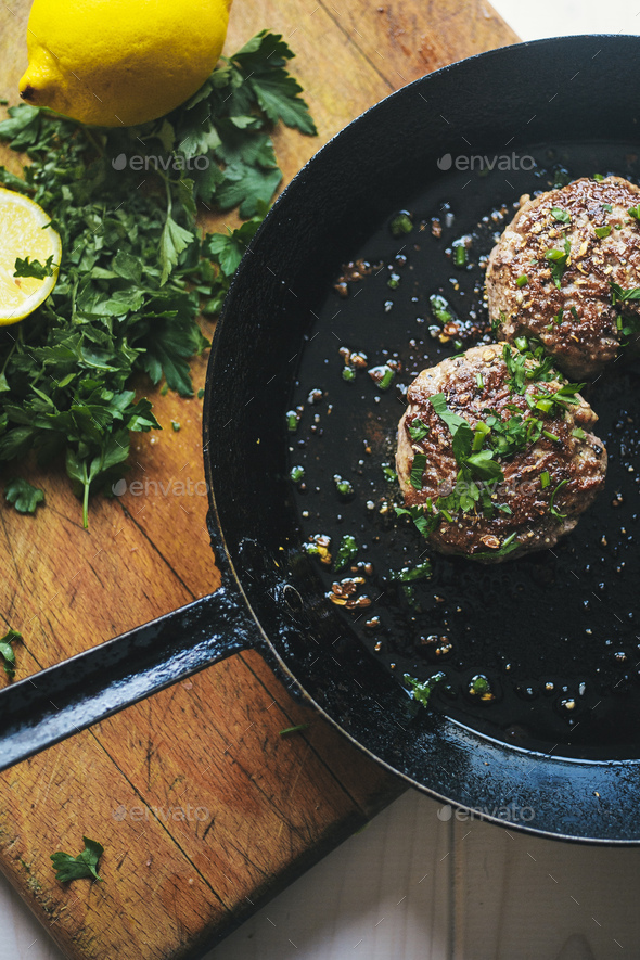 Meat frying in pan Stock Photo by nualaimages | PhotoDune