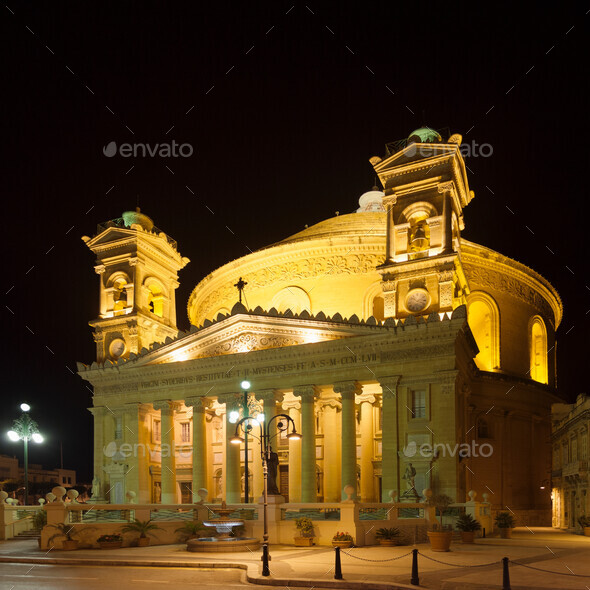 Rotunda of Mosta at night, Mosta, Malta Stock Photo by nualaimages