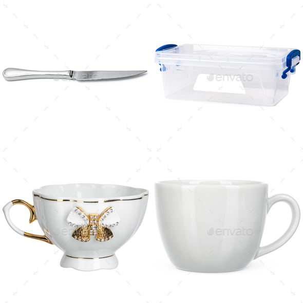 Collage of kitchen utensils isolated on white Stock Photo by FabrikaPhoto