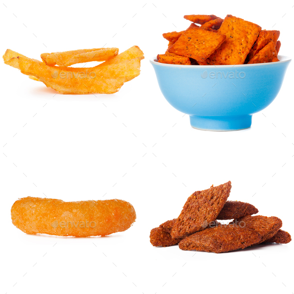 Salty snacks isolated on white background collage Stock Photo by ...
