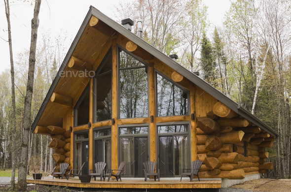Glass fronted Eastern pine log cabin, Grandes Piles, Mauricie, Quebec ...