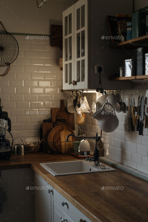 Kitchen interior in simple country style Stock Photo by ADDICTIVE_STOCK
