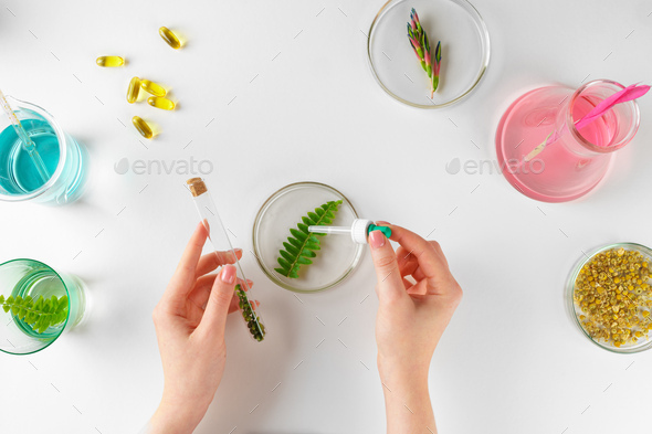 Making herbal dietary supplement in lab with plant leaves. Health and ...