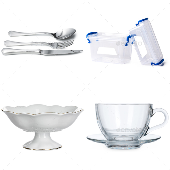 Collage of kitchen utensils isolated on white Stock Photo by FabrikaPhoto