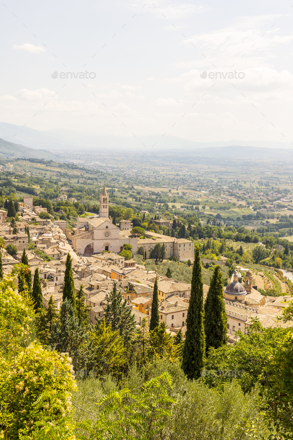 Landscape view of rooftops and Basilica of Saint Francis of Assisi ...