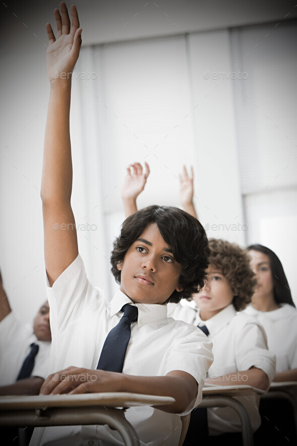 School students with hands raised Stock Photo by Image-Source | PhotoDune