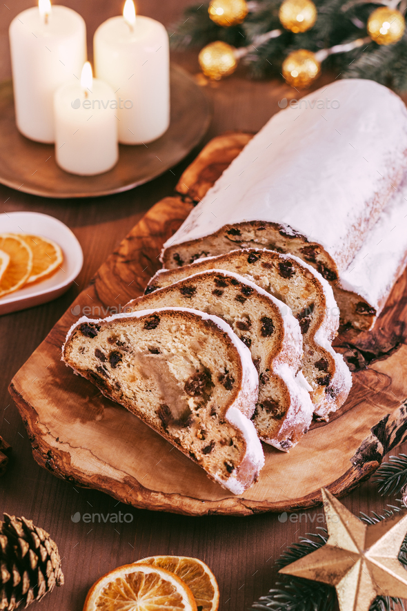 Christmas Stollen background with golden decor, Christmas tree branches ...