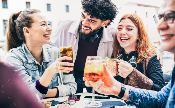 People having fun drinking at open air bar on happy hour Stock Photo by ...