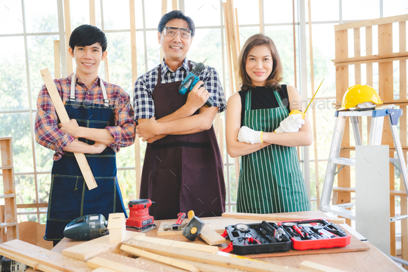 wooden workshop concept, carpenter team craftsman person working with a ...