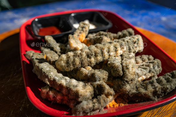 moldy french fries closeup, fungal moldy on unhealthy old food on plate ...