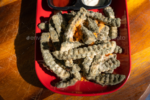 moldy french fries closeup, fungal moldy on unhealthy old food on plate ...