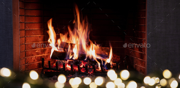 Christmas tree and burning fireplace, bonfire fire flames and festive ...
