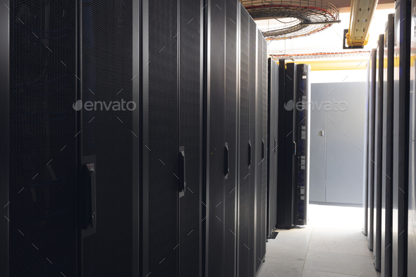 Data center with multiple rows of fully operational server racks Stock ...