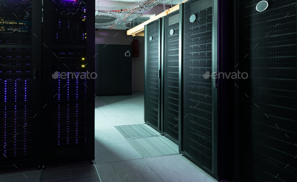 Data center with multiple rows of fully operational server racks Stock ...
