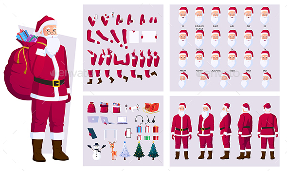 Christmas Santa Character Creation and Face Animation Set, Vectors