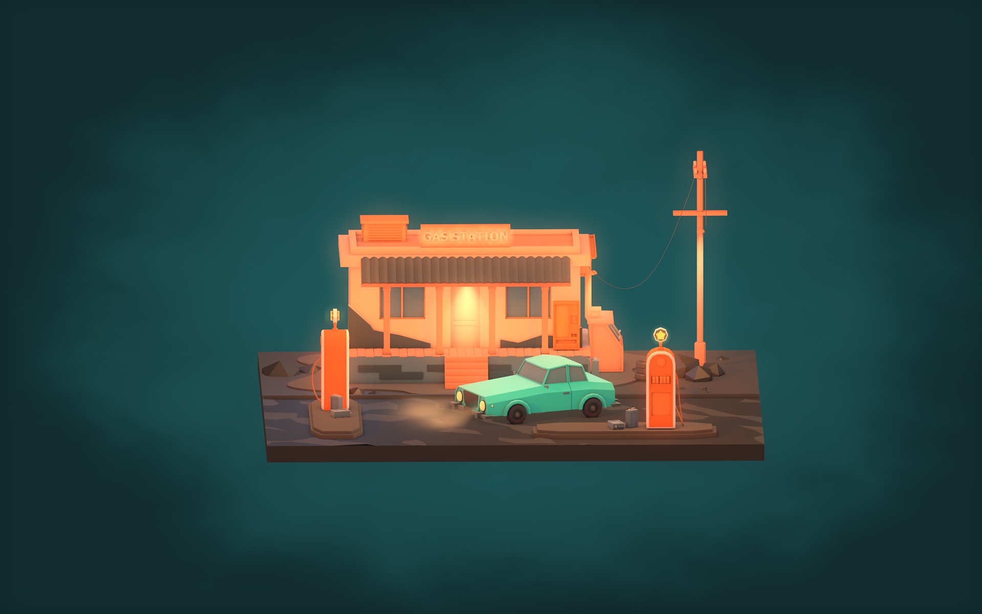 Gas Station Night Low Poly by RuslanMikaielian | 3DOcean