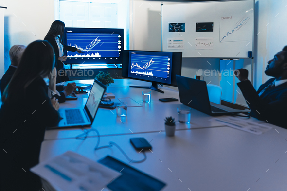 Business traders people in meeting room working on crypto currency ...