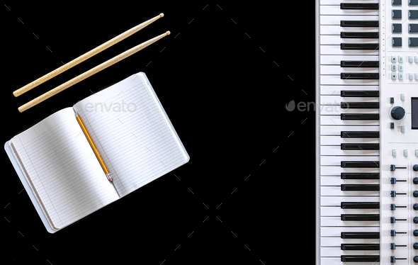 Music background with music keys on black, flat lay, music creativity ...