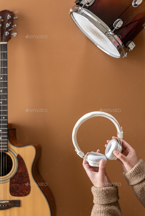 Musical background with musical instruments, flat lay, music creation ...