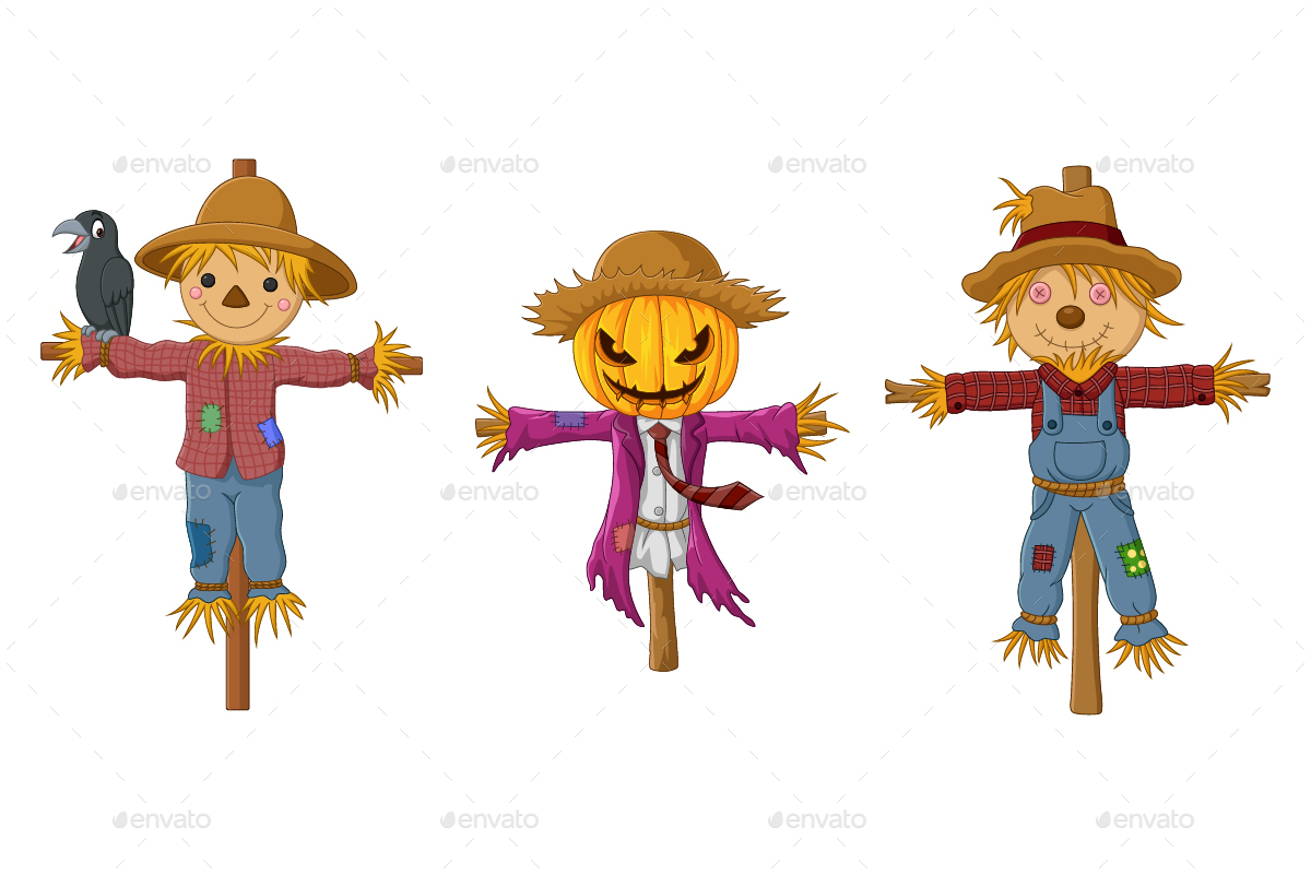 Set of Six Cartoon Halloween Scarecrow, Vectors | GraphicRiver