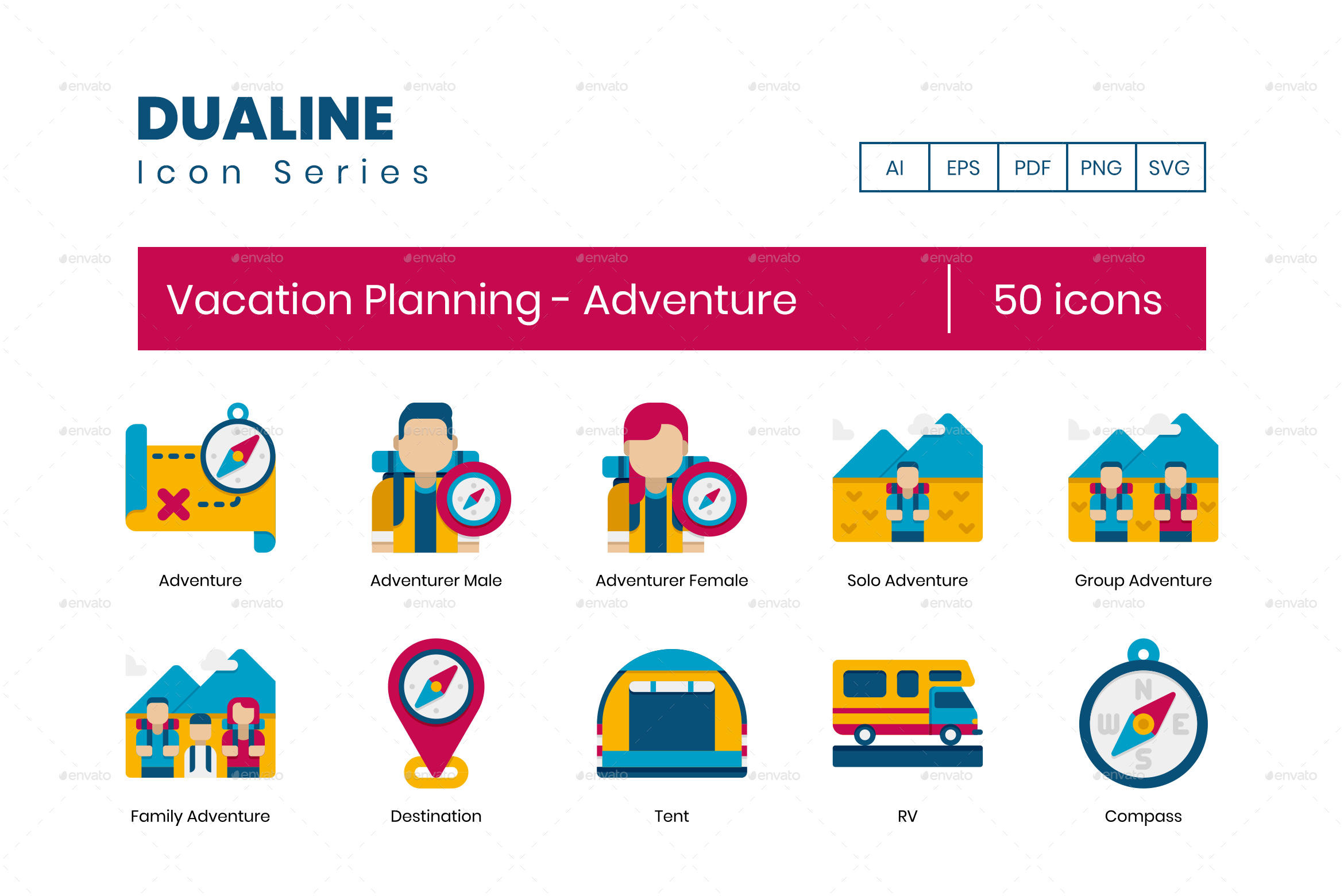 50 Vacation Planning - Adventure Icons | Dualine Flat Series by Krafted