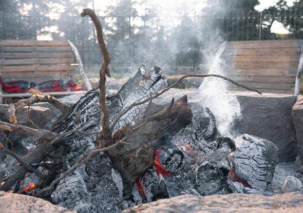 Close-up of large logs of a tree in a dying fire. Stock Photo by puhimec