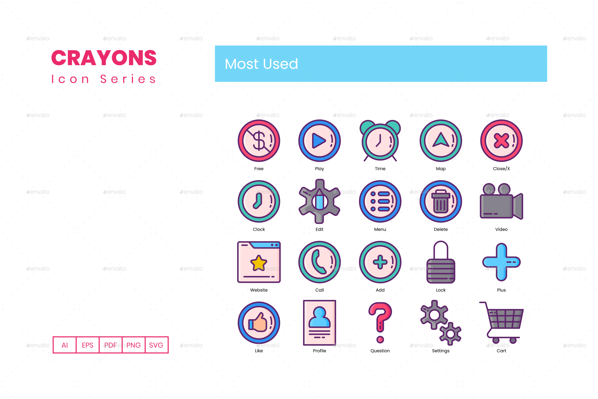 100 Most Used Icons - Crayons Series, Icons | GraphicRiver