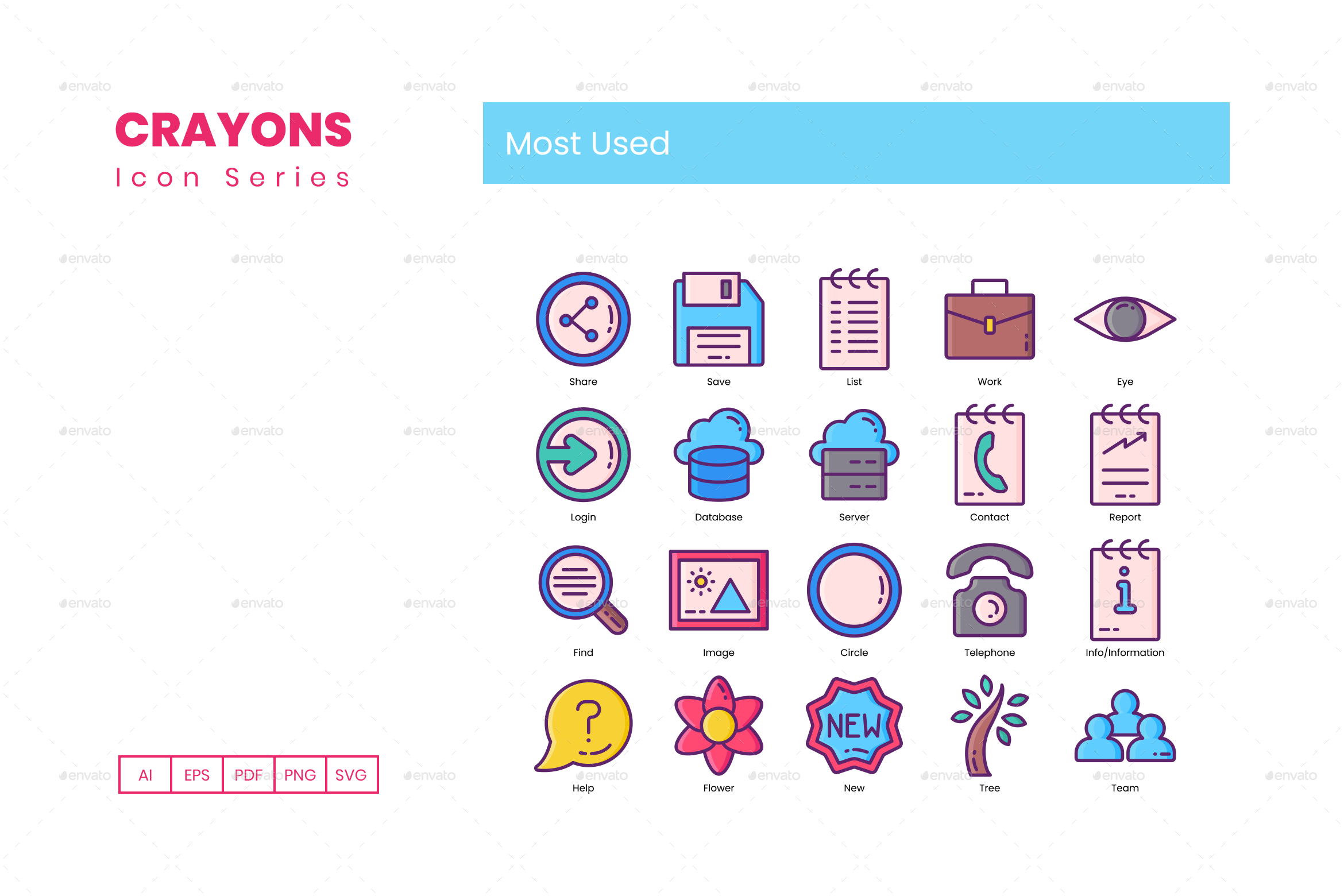 100 Most Used Icons - Crayons Series, Icons | GraphicRiver