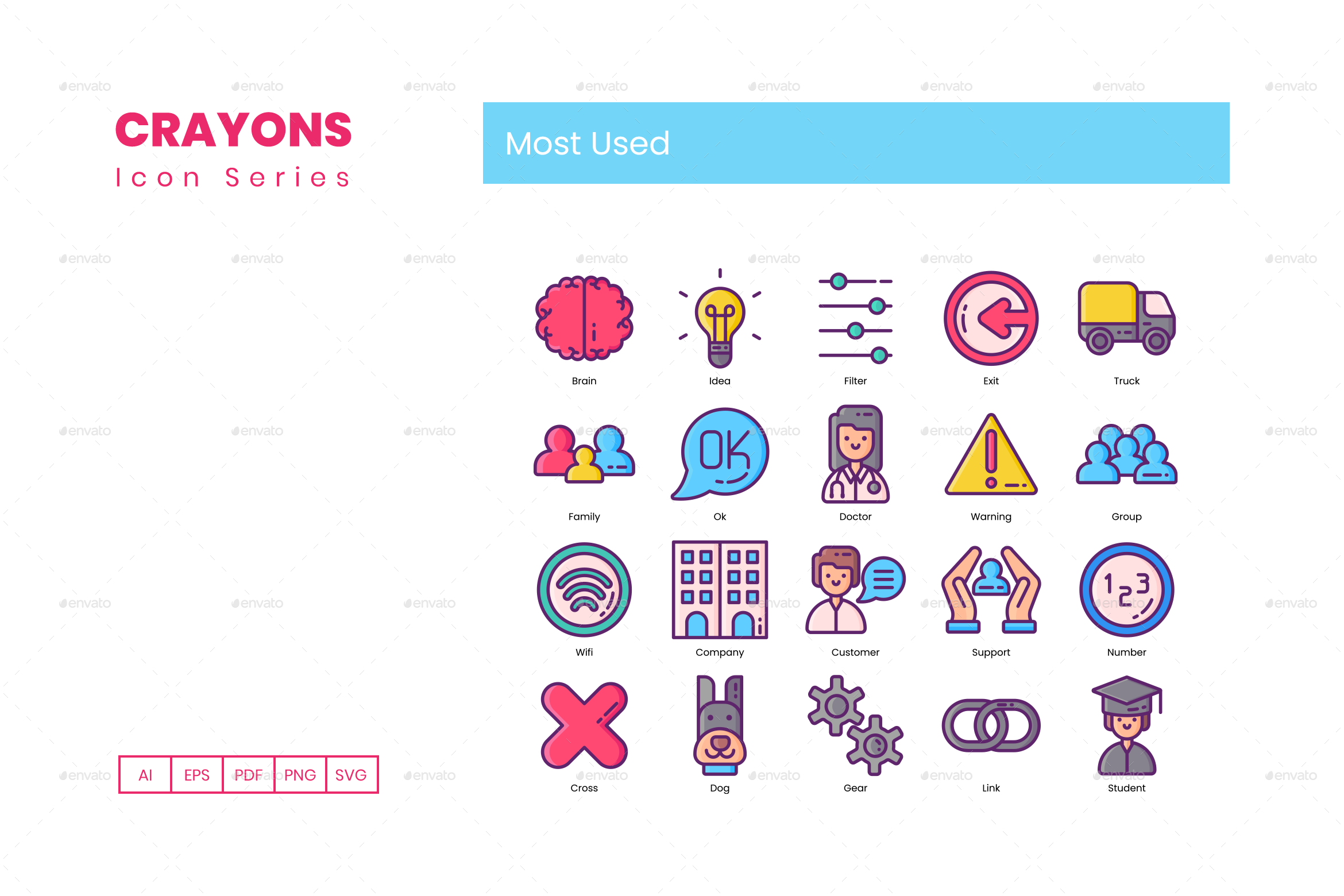 100 Most Used Icons - Crayons Series, Icons | GraphicRiver