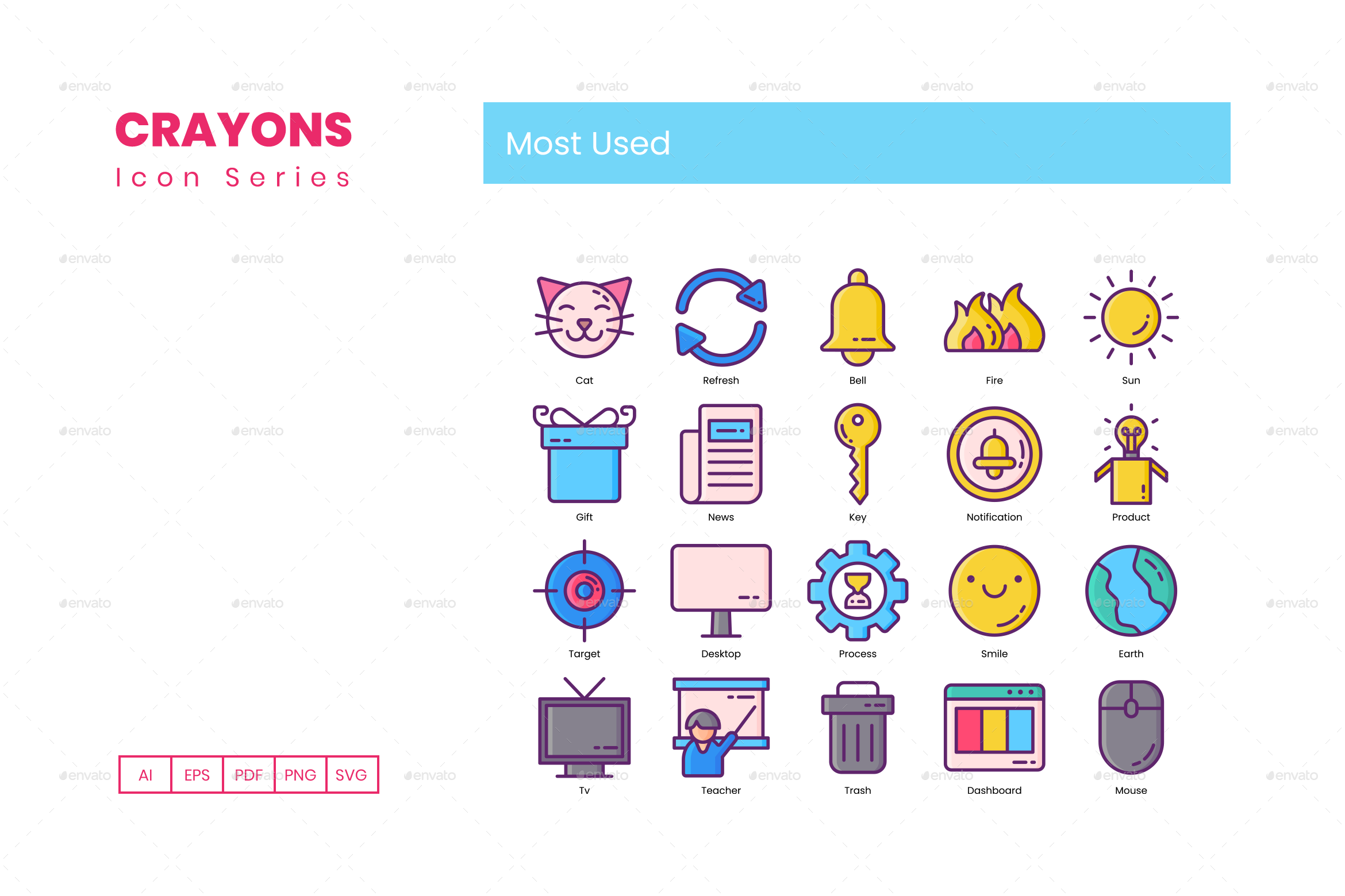 100 Most Used Icons - Crayons Series, Icons | GraphicRiver